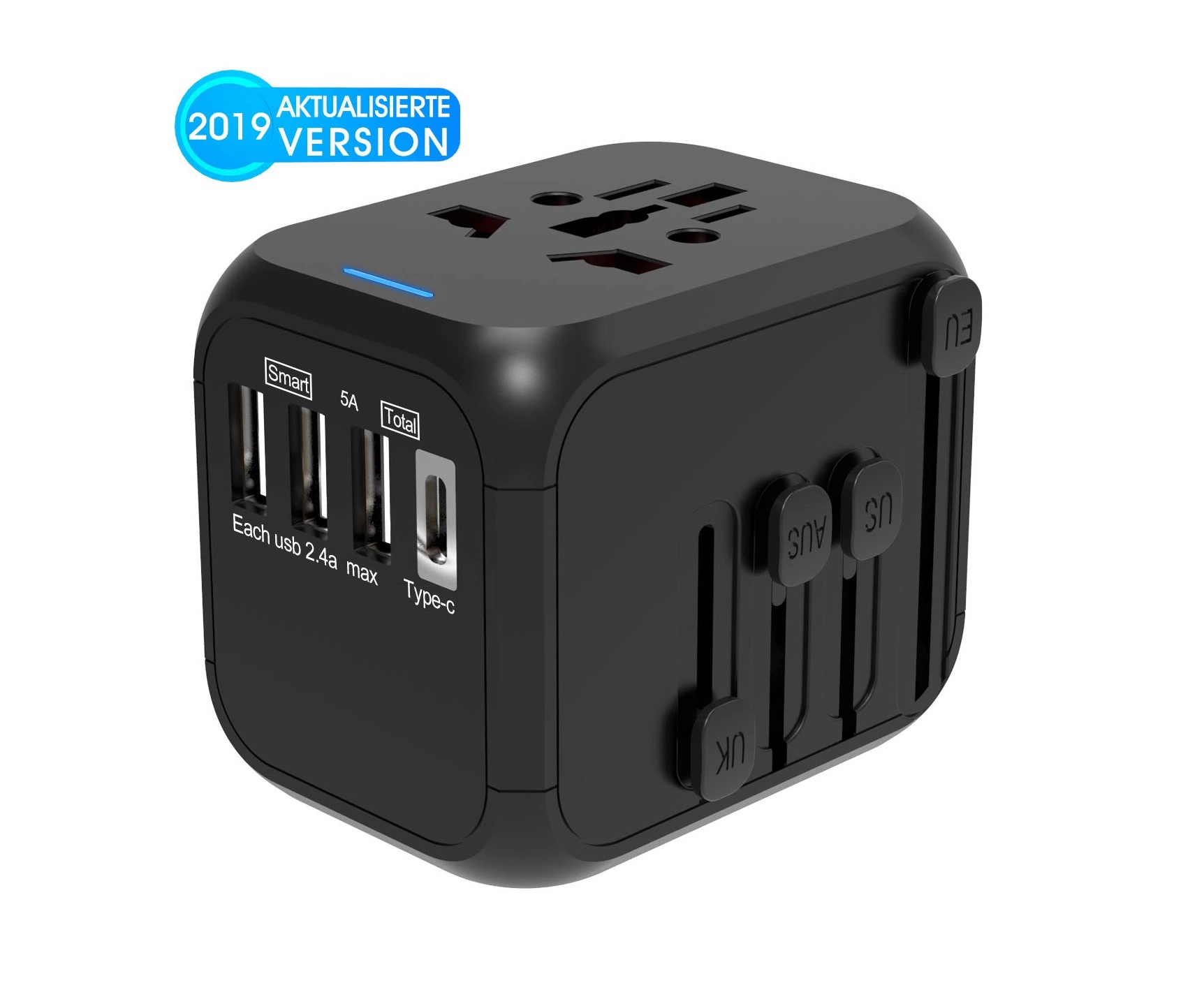 Universal Reiseadapter in kompakter Größe mit 4 USB Ports und USB C