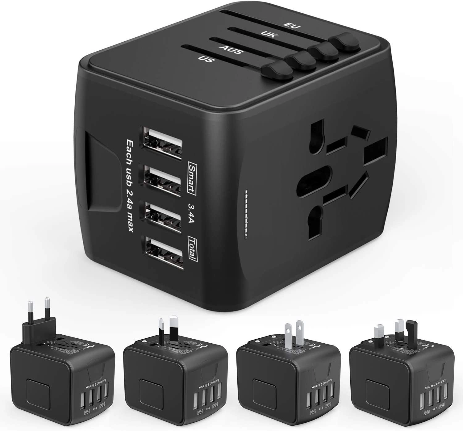 Universal Reiseadapter in kompakter Größe mit 4 USB Ports und USB C